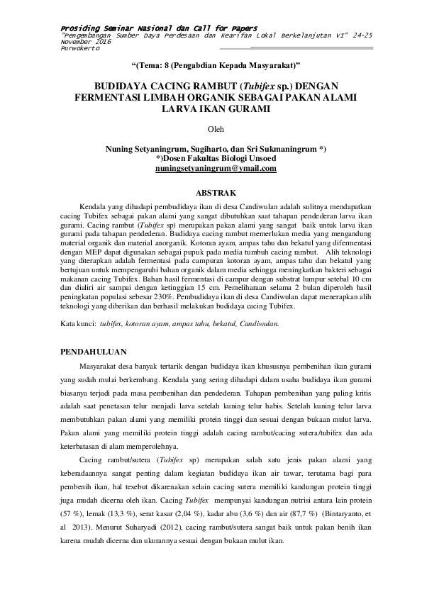 (PDF) BUDIDAYA CACING RAMBUT (Tubifex sp.) DENGAN FERMENTASI LIMBAH ...