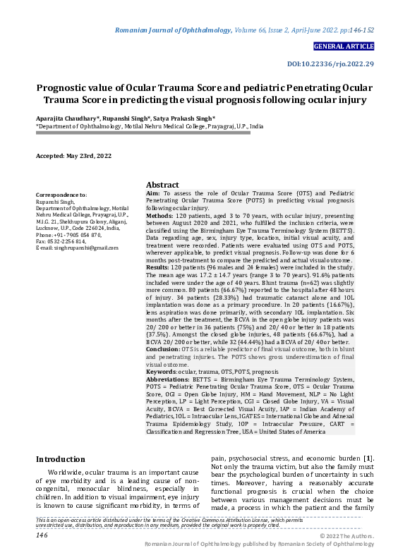 (PDF) Prognostic value of Ocular Trauma Score and pediatric Penetrating ...