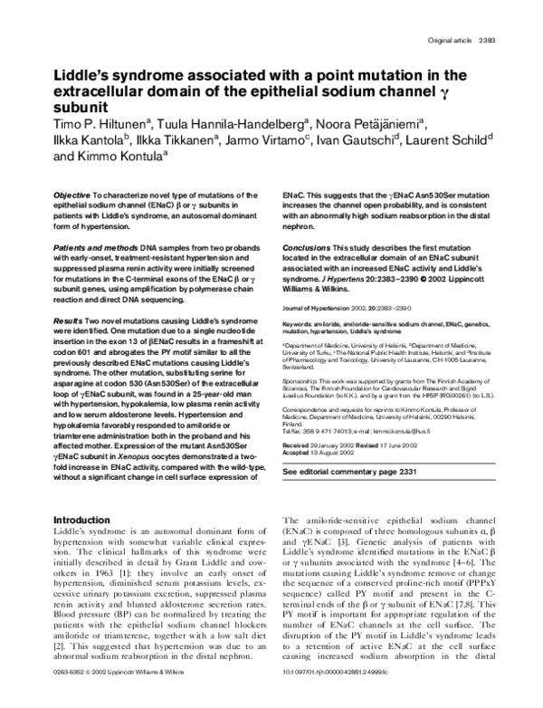 (PDF) Liddle's syndrome associated with a point mutation in the ...