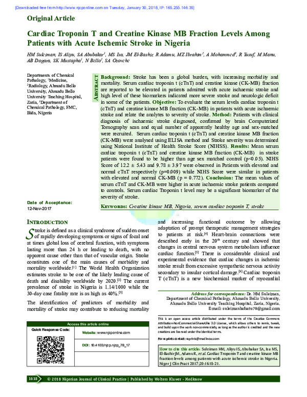 (PDF) Cardiac Troponin T and creatine kinase MB fraction levels among patients with acute ...