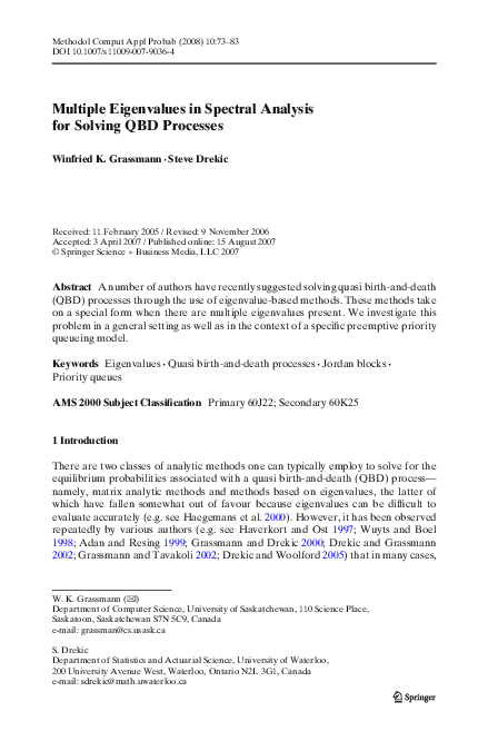 (PDF) Multiple Eigenvalues in Spectral Analysis for Solving QBD Processes