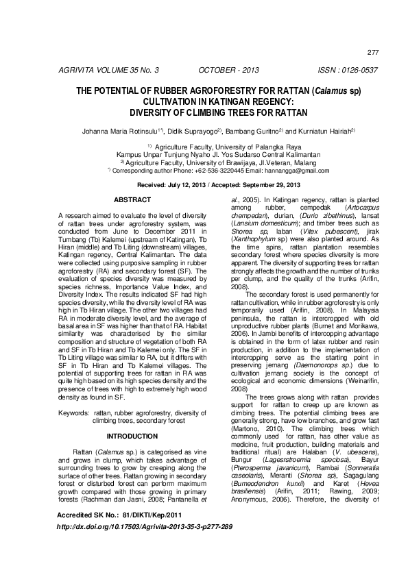 (PDF) THE POTENTIAL OF RUBBER AGROFORESTRY FOR RATTAN (Calamus sp ...