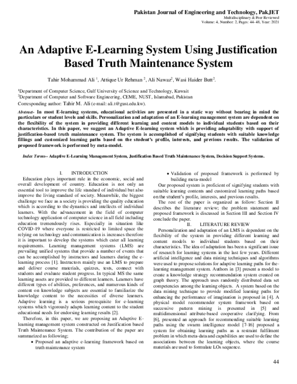 (PDF) An Adaptive E-Learning System Using Justification Based Truth Maintenance System