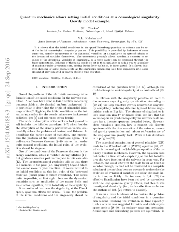 (PDF) Quantum Mechanics Allows Setting Initial Conditions at a Cosmological Singularity: Gowdy ...