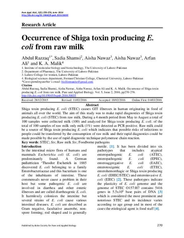 (PDF) Occurrence of Shiga toxin producing E. coli from raw milk