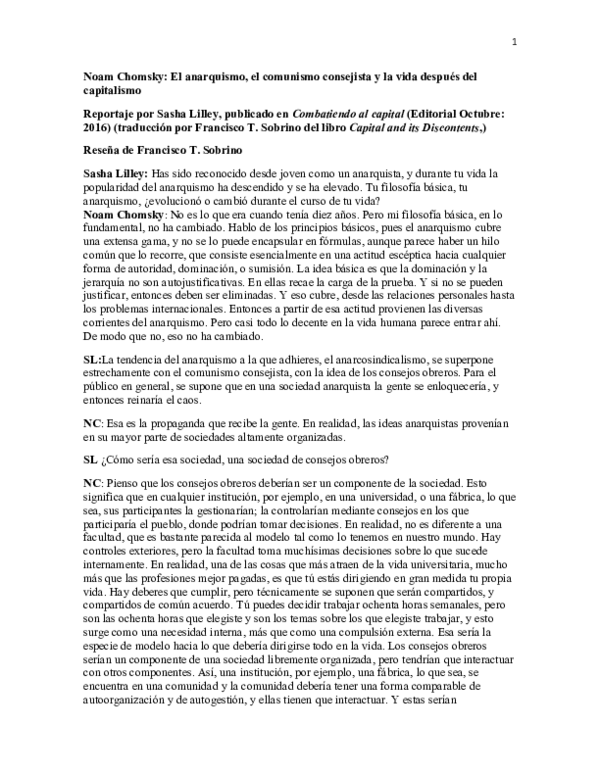 (DOC) Noam Chomsky Reportaje sobre el anarquismo y el comunismo consejista La vida luego del ...