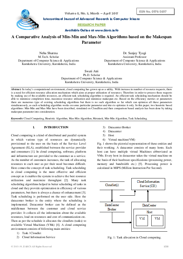 Pdf A Comparative Analysis Of Min Min And Max Min Algorithms Based On The Makespan Parameter 