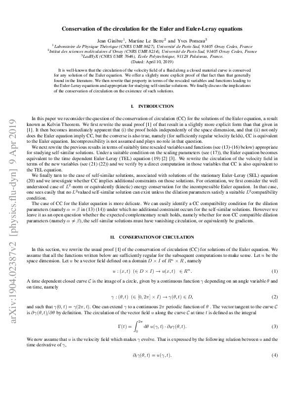 Pdf Conservation Of The Circulation For The Euler And Euler Leray Equations