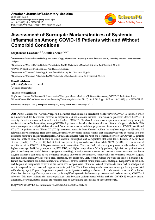 (PDF) Assessment of Surrogate Markers/Indices of Systemic Inflammation Among COVID-19 Patients ...