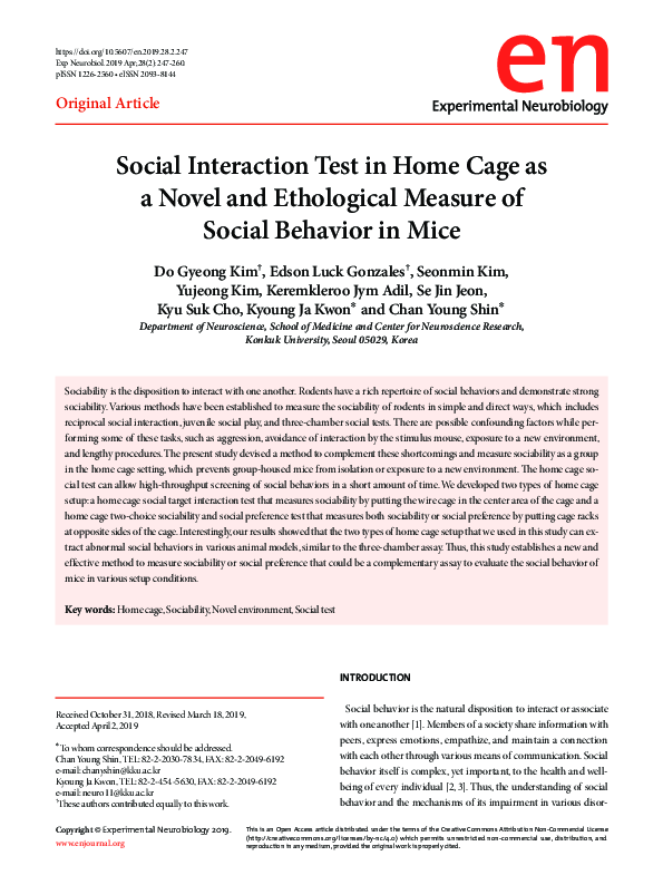 (PDF) Social Interaction Test in Home Cage as a Novel and Ethological ...