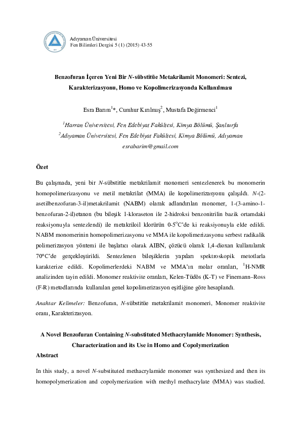 (PDF) Benzofuran İçeren Yeni Bir N-sübstitüe Metakrilamit Monomeri ...