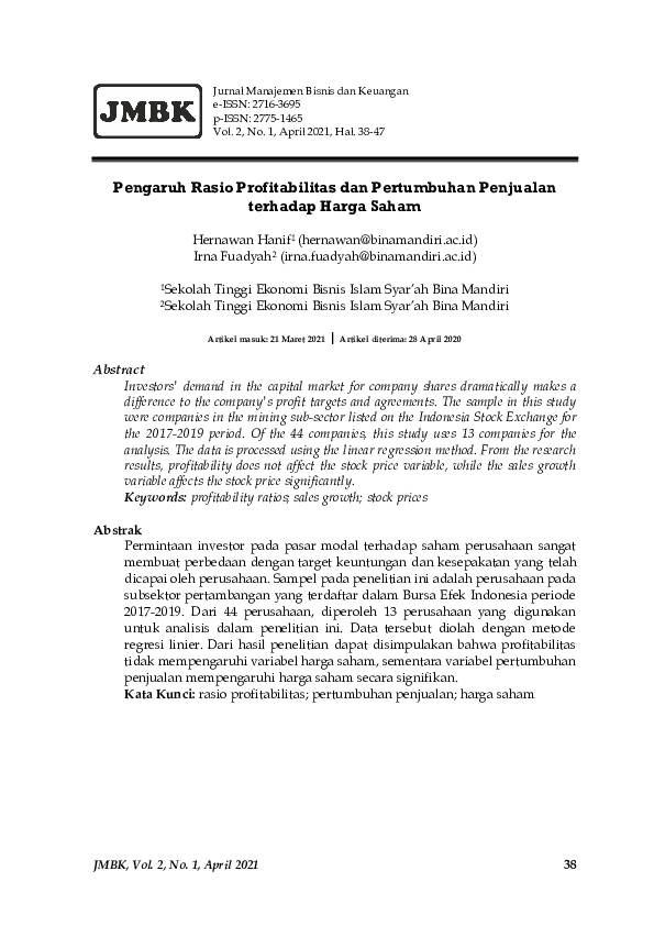 (PDF) Pengaruh Rasio Profitabilitas dan Pertumbuhan Penjualan terhadap Harga Saham pada ...