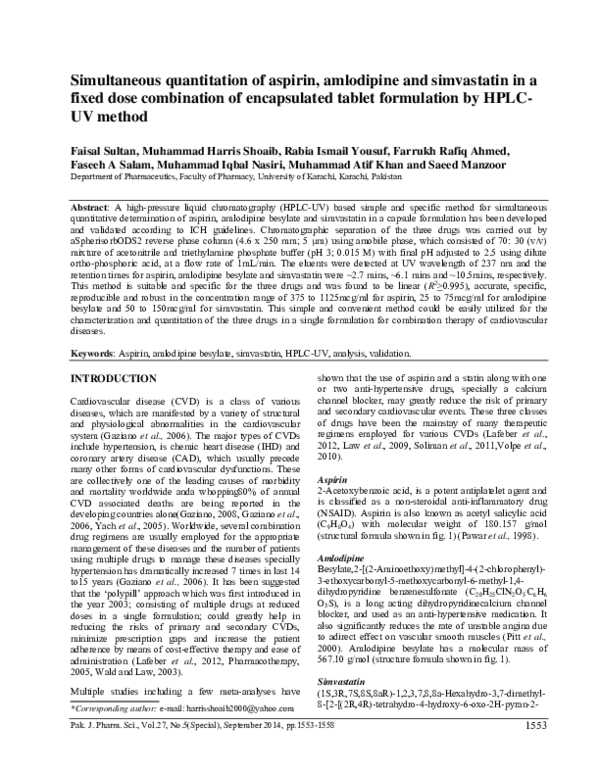 (PDF) Simultaneous quantitation of aspirin, amlodipine and simvastatin in a fixed dose ...