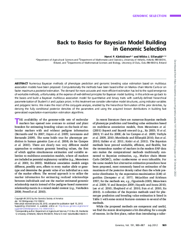 Pdf Back To Basics For Bayesian Model Building In Genomic Selection