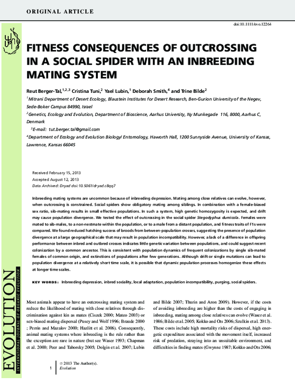 (PDF) Fitness Consequences of Outcrossing in a Social Spider with an ...