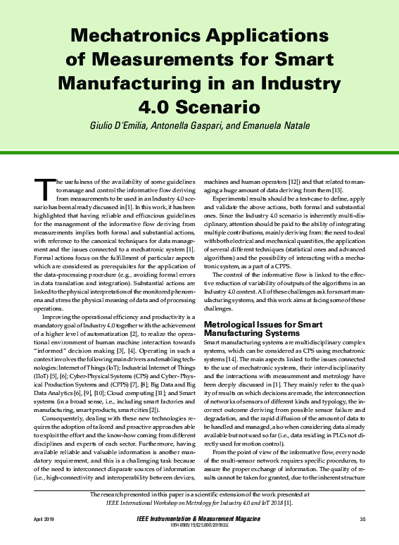 (PDF) Mechatronics applications of measurements for smart manufacturing in an industry 4.0 scenario
