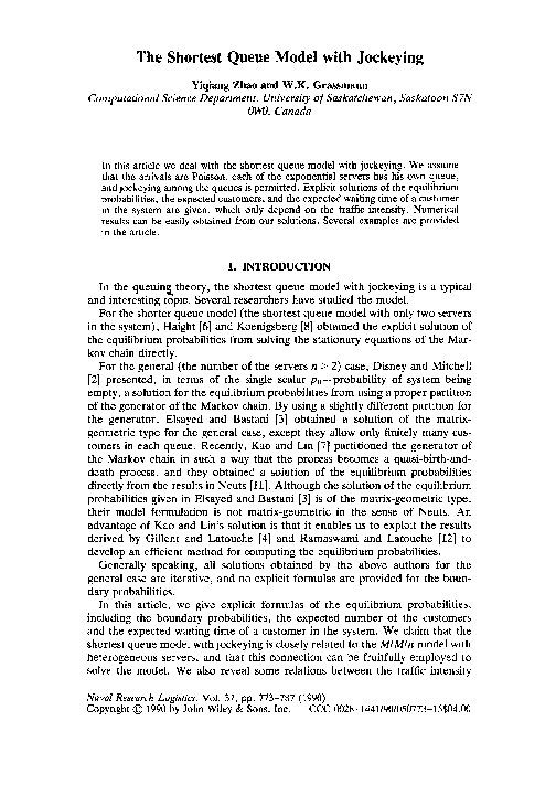 (PDF) The shortest queue model with jockeying