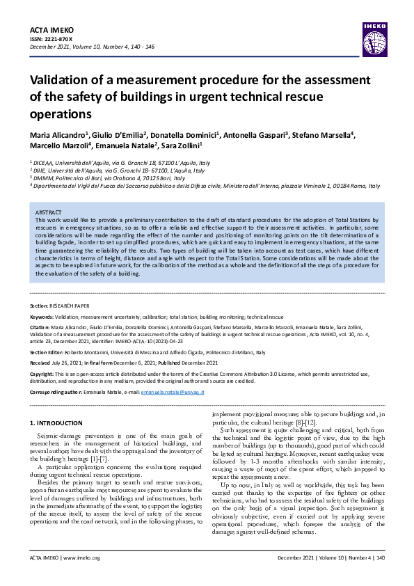 Validation Of A Measurement Procedure For The Assessment Of The Safety Of Buildings In Urgent