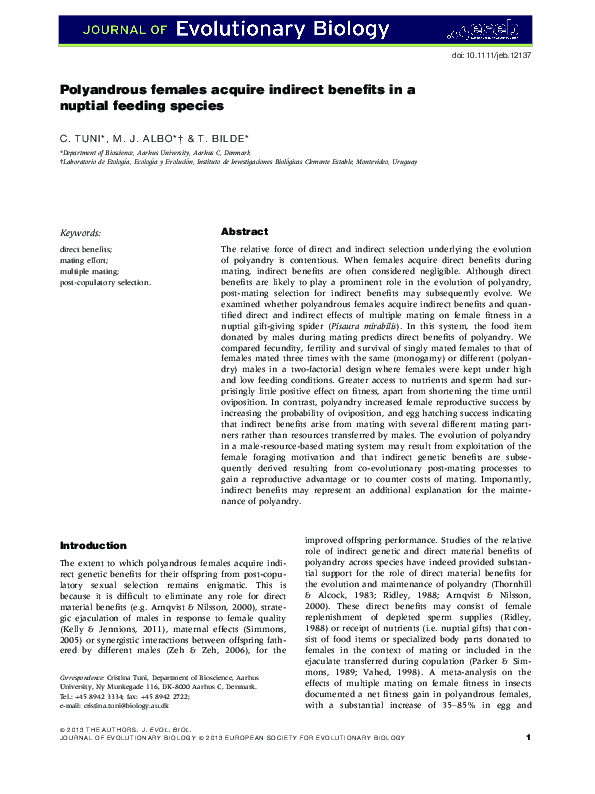 (PDF) Indirect Benefits of Polyandry in Nuptial Feeding Spiders