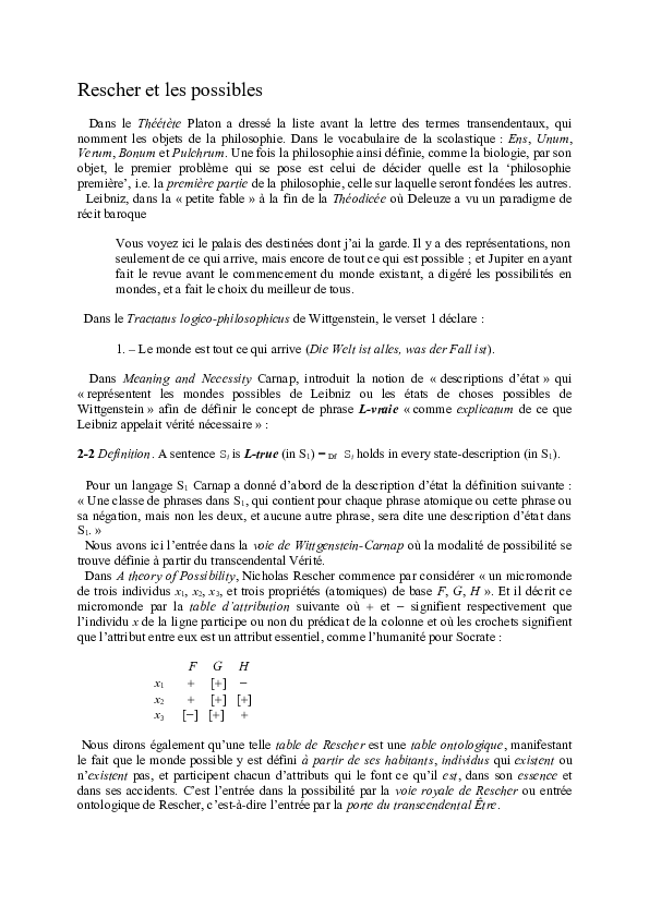 (DOC) Rescher et les possibles