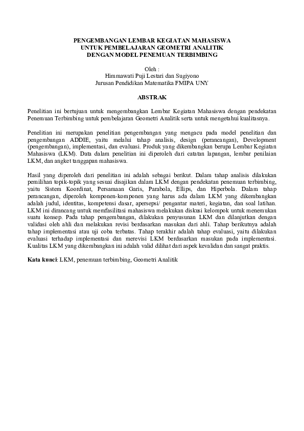 (DOC) The Development of Student Work Sheet in the Teaching of Analytic Geometry Using Guided ...