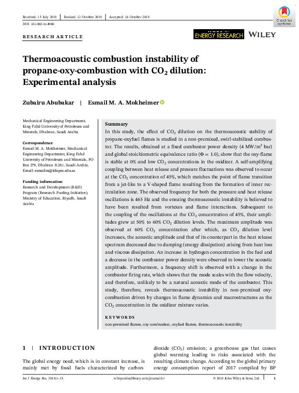 (PDF) Thermoacoustic combustion instability of propane‐oxy‐combustion with CO2dilution ...
