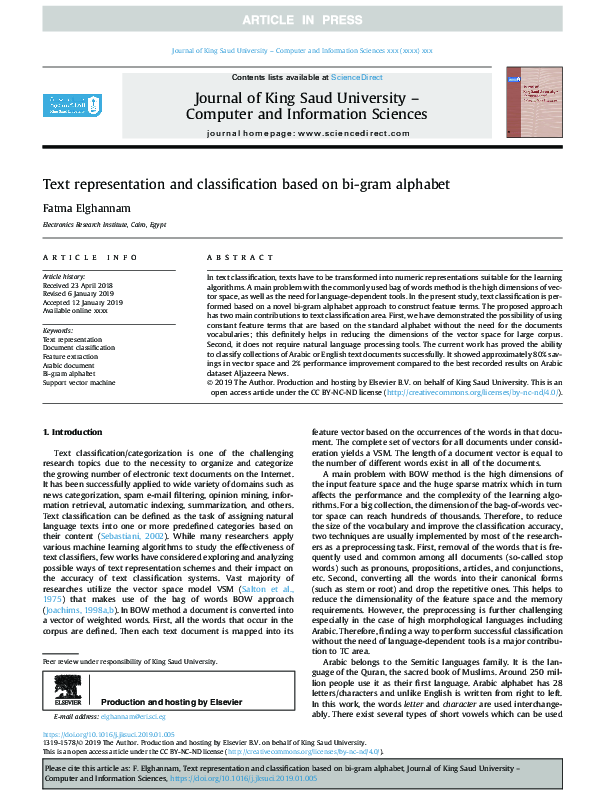 (PDF) Text representation and classification based on bi-gram alphabet