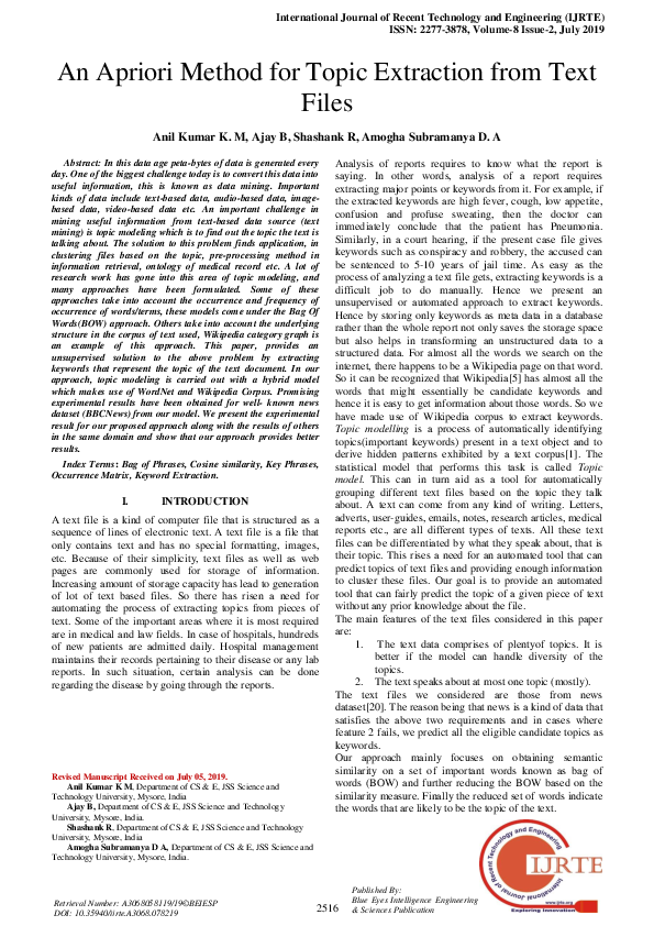 (PDF) An Apriori Method for Topic Extraction from Text Files