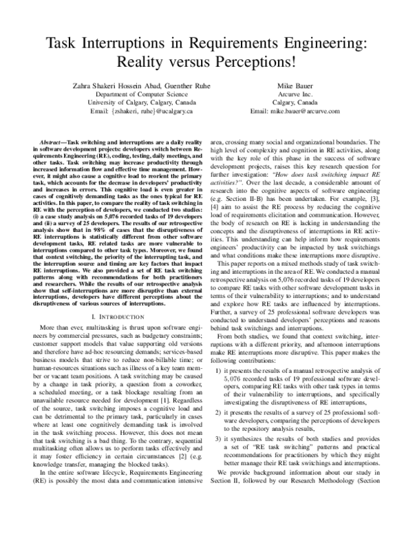 (PDF) Task Interruptions in Requirements Engineering: Reality Versus ...