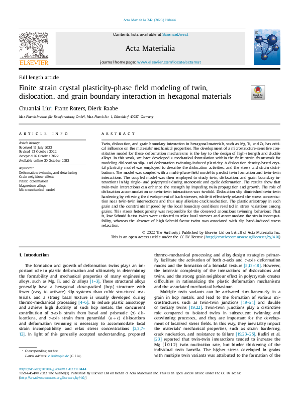 Pdf Finite Strain Crystal Plasticity Phase Field Modeling Of Twin Dislocation And Grain
