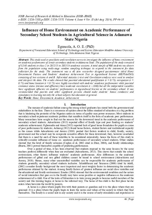 (PDF) Influence of Home Environment on Academic Performance of ...
