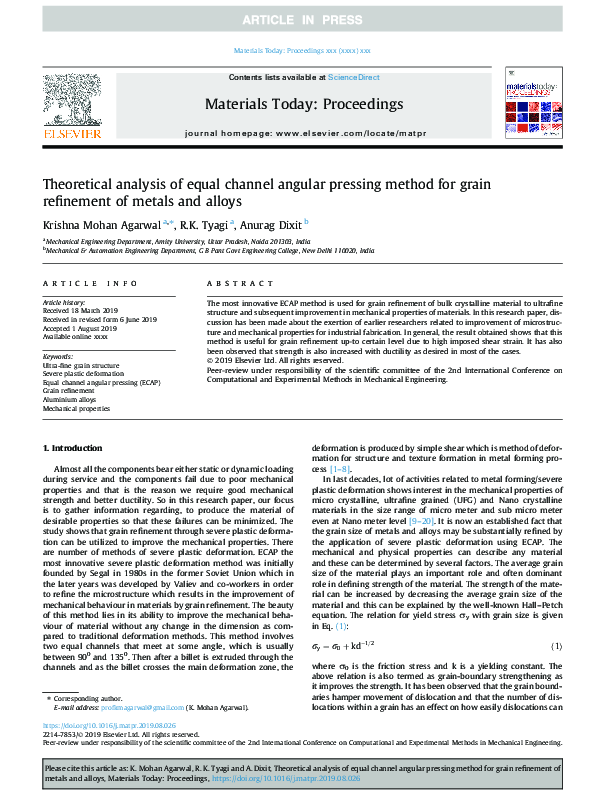 (PDF) Theoretical analysis of equal channel angular pressing method for grain refinement of ...