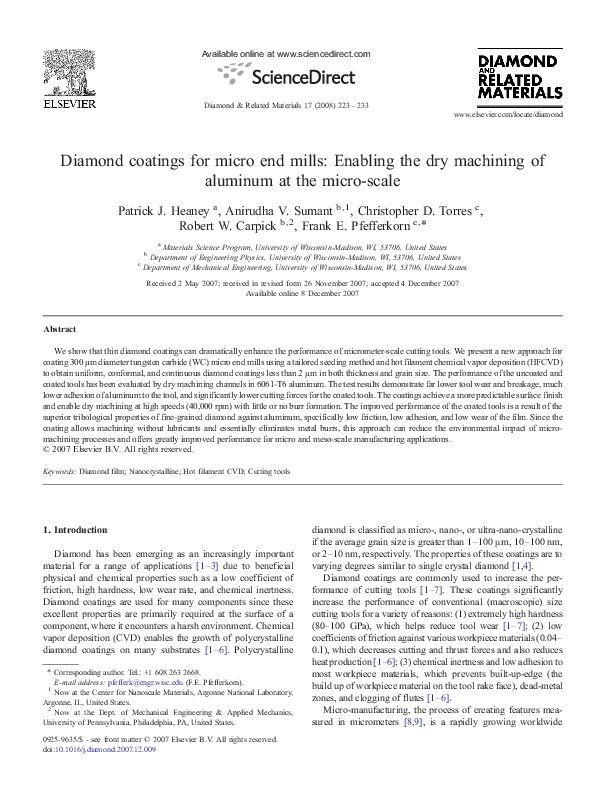 (PDF) Diamond coatings for micro end mills: Enabling the dry machining ...