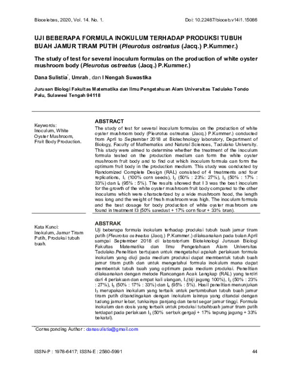 (PDF) UJI BEBERAPA FORMULA INOKULUM TERHADAP PRODUKSI TUBUH BUAH JAMUR ...