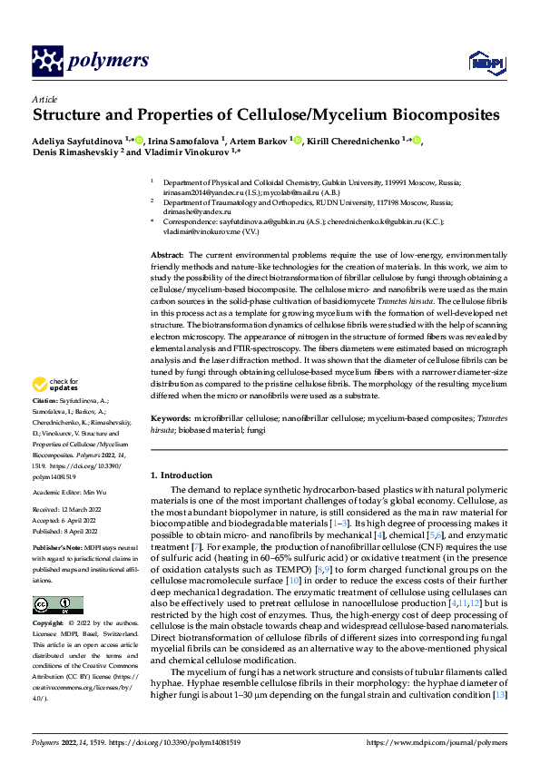 (PDF) Structure and Properties of Cellulose/Mycelium Biocomposites