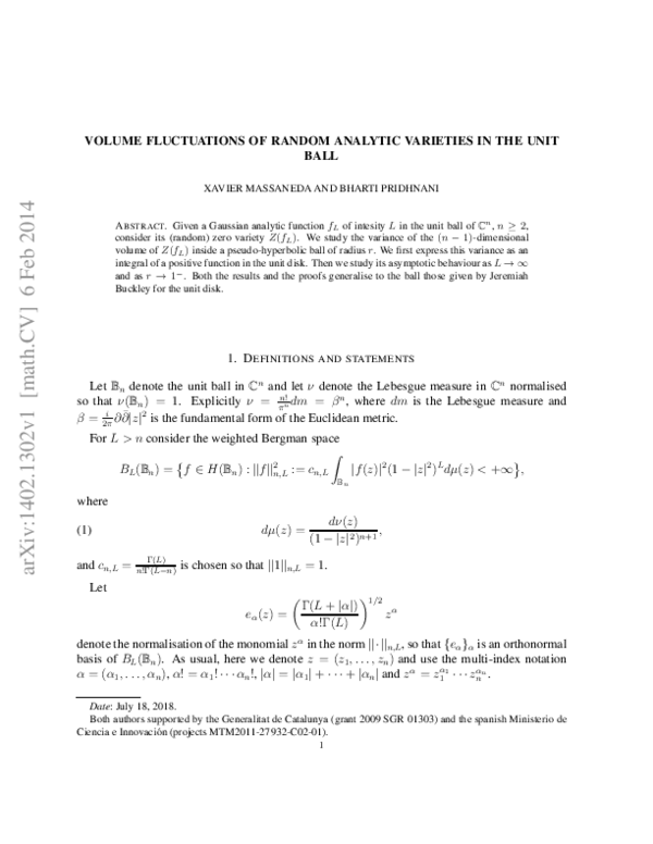 (PDF) Volume fluctuations of random analytic varieties in the unit ball | Bharti Pridhnani ...
