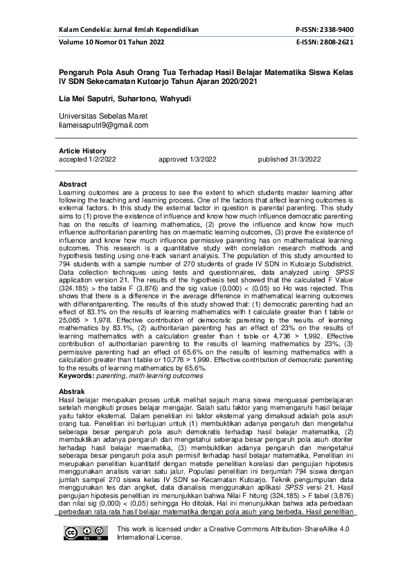 (PDF) Pengaruh Pola Asuh Orang Tua Terhadap Hasil Belajar Matematika Siswa Kelas IV SDN ...