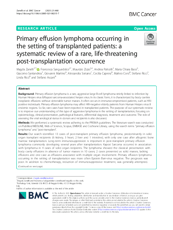 (PDF) Primary effusion lymphoma occurring in the setting of transplanted patients: a systematic ...