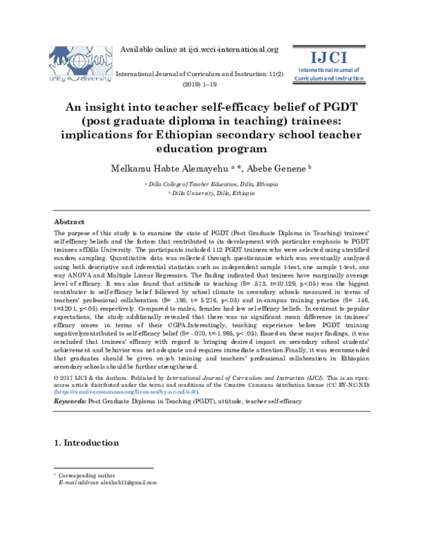 (PDF) An Insight into teacher self-efficacy belief of PGDT (Post ...