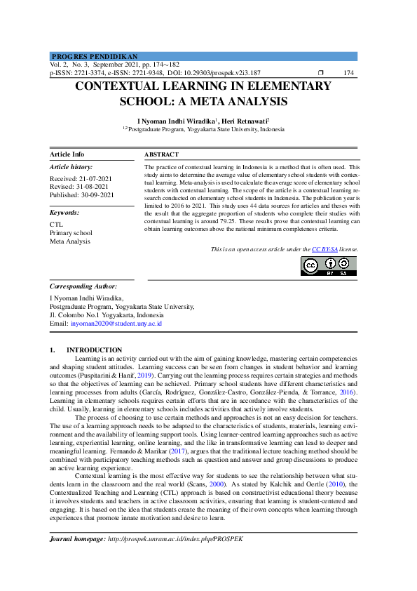 (PDF) Contextual Learning in Elementary School: A Meta Analysis | indhi ...