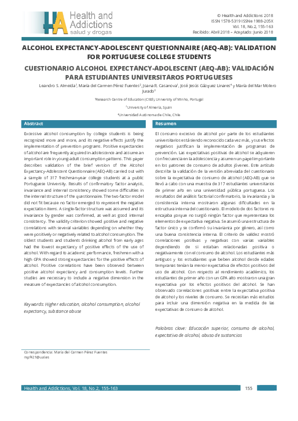 Pdf Alcohol Expectancy Adolescent Questionnaire Aeq Ab Validation For Portuguese College