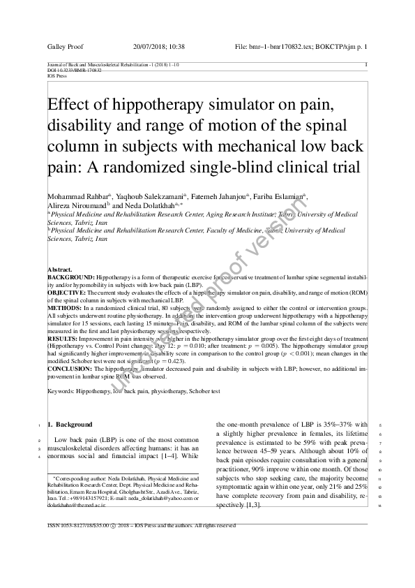 (PDF) Effect of hippotherapy simulator on pain, disability and range of ...