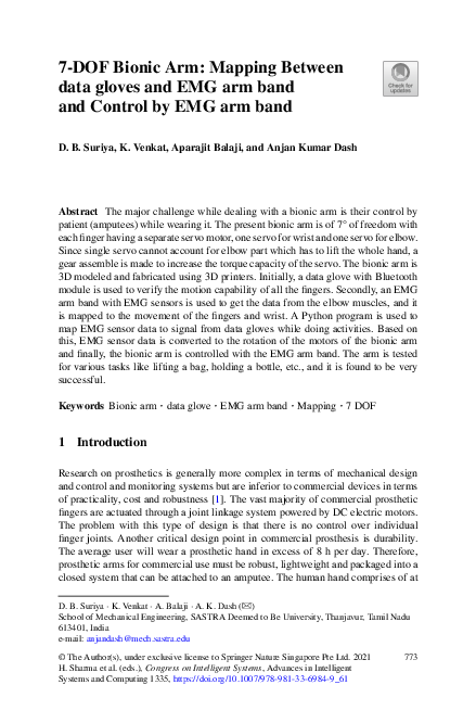 (PDF) 7-DOF Bionic Arm: Mapping Between data gloves and EMG arm band and Control by EMG arm band
