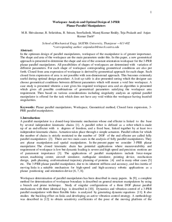 Pdf Workspace Analysis And Optimal Design Of 3 Prr Planar Parallel