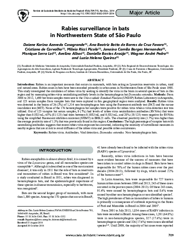 (PDF) Rabies surveillance in bats in Northwestern State of São Paulo