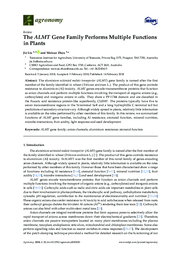 (PDF) The ALMT Gene Family Performs Multiple Functions in Plants
