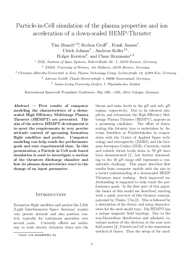 (PDF) Particle-in-Cell simulation of the plasma properties and ion acceleration of a down-scaled ...