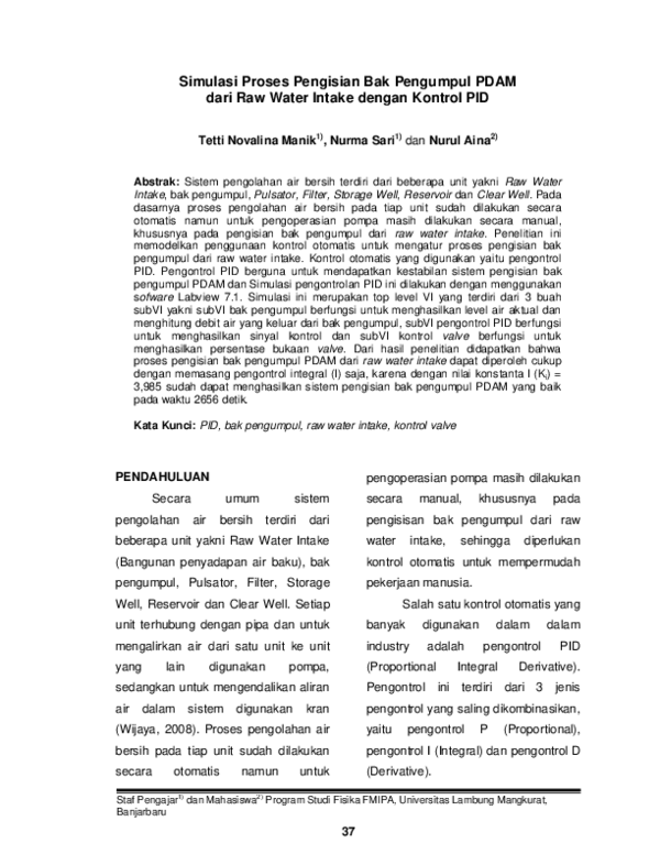 (PDF) Simulasi Proses Pengisian Bak Pengumpul PDAM dari Raw Water ...