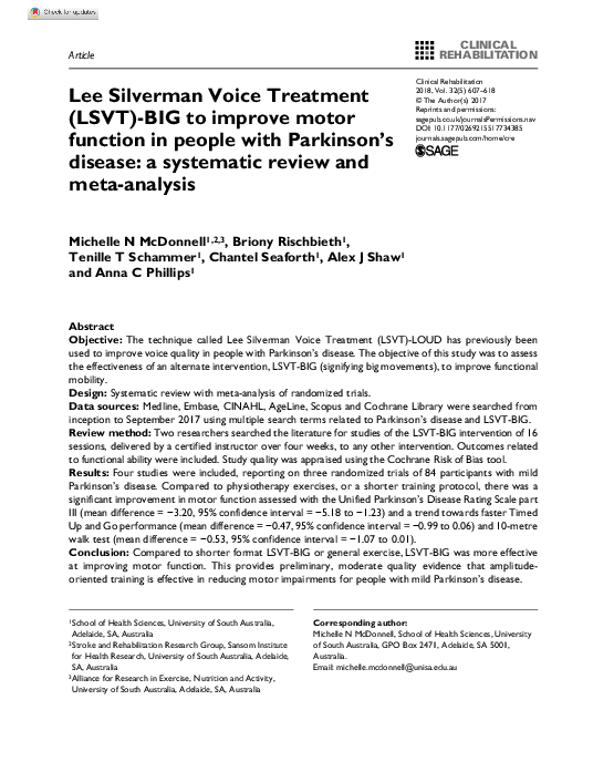 (PDF) Lee Silverman Voice Treatment (LSVT)-BIG to improve motor ...