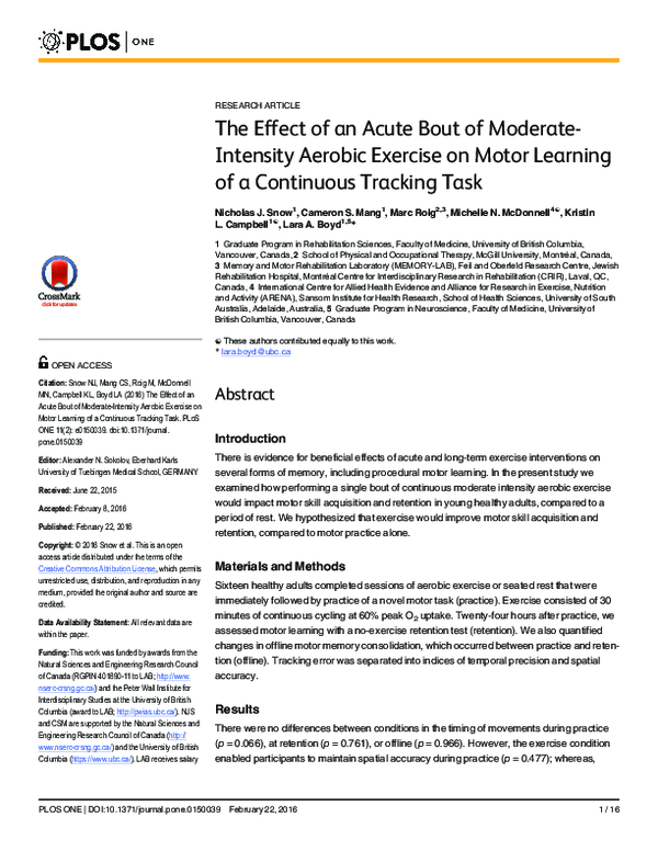 (PDF) The Effect of an Acute Bout of Moderate-Intensity Aerobic Exercise on Motor Learning of a ...